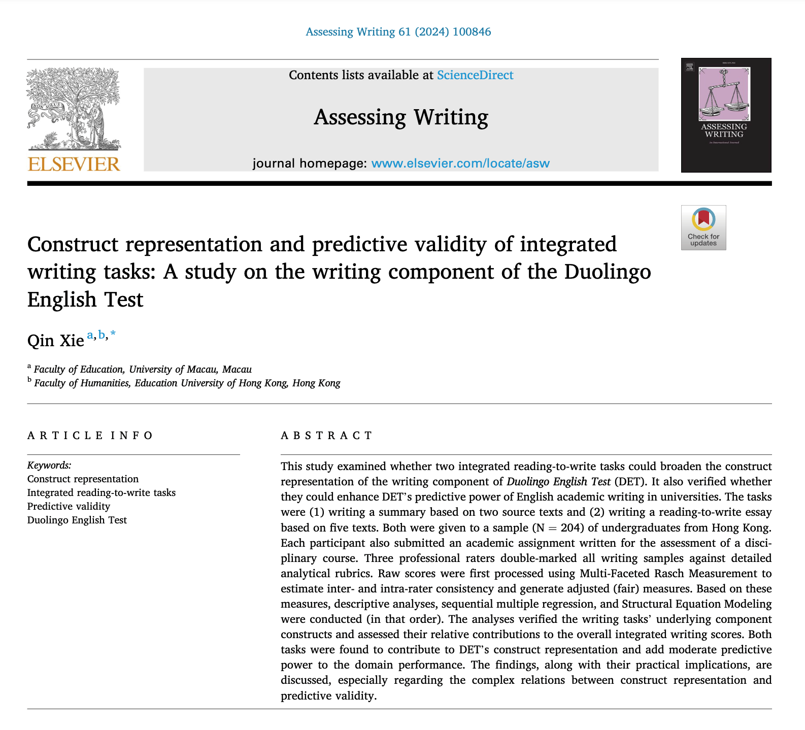 Xie, Q. (2024). Construct representation and predictive validity of ...